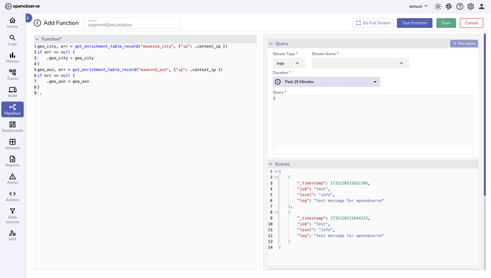 OpenObserve Pipelines | Real-Time Data Processing & Enrichment